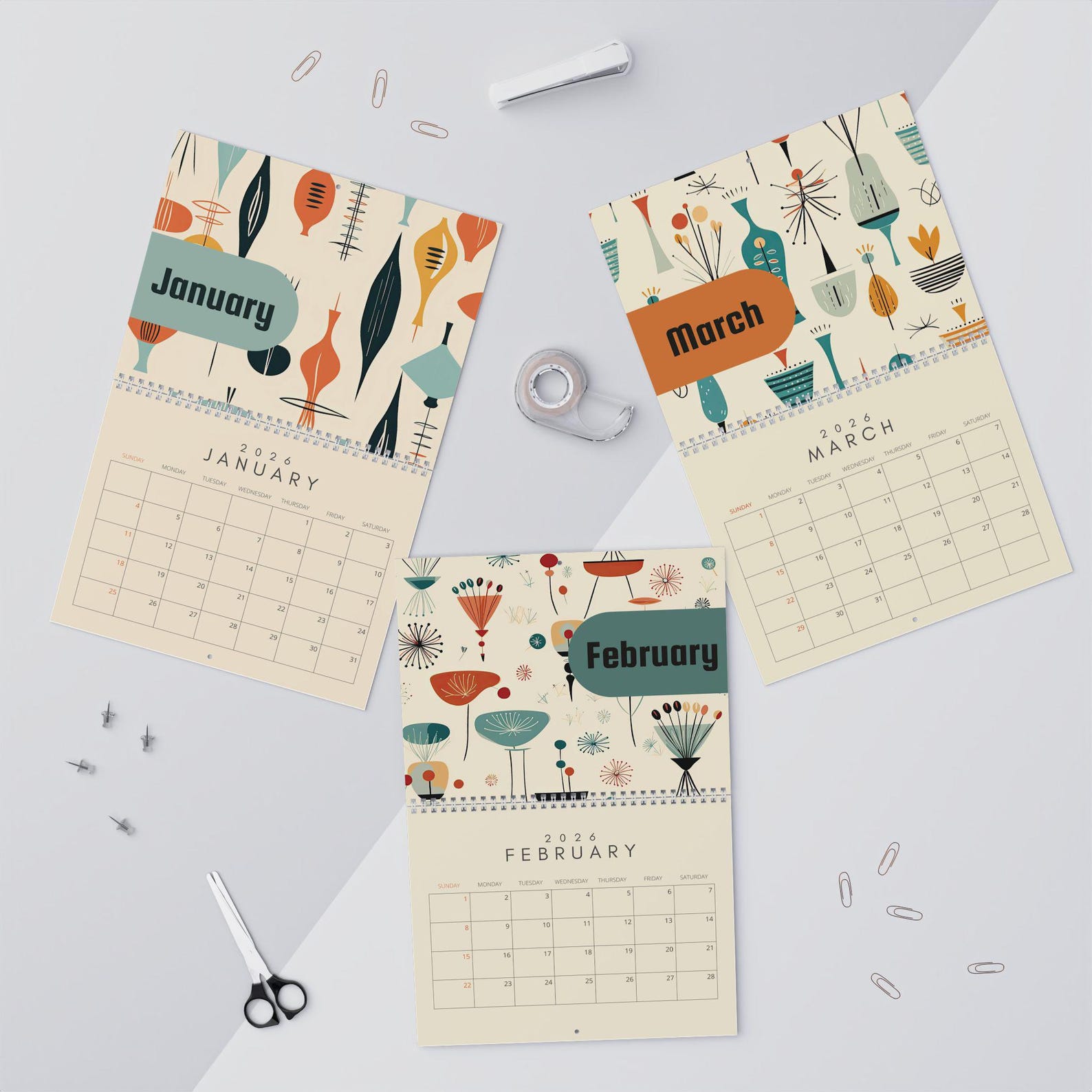 2026 Mid Century Modern Wall Calendar: Retro Atomic Style Spiral ...