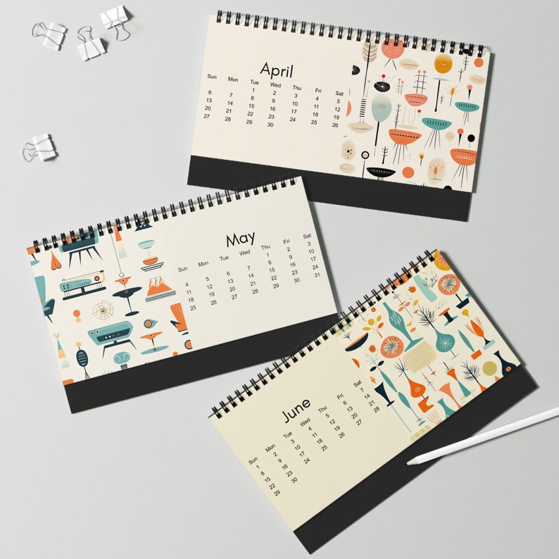 2025 Mid Century Modern Style Desk Calendar, Retro Spiral Planner, 12 ...