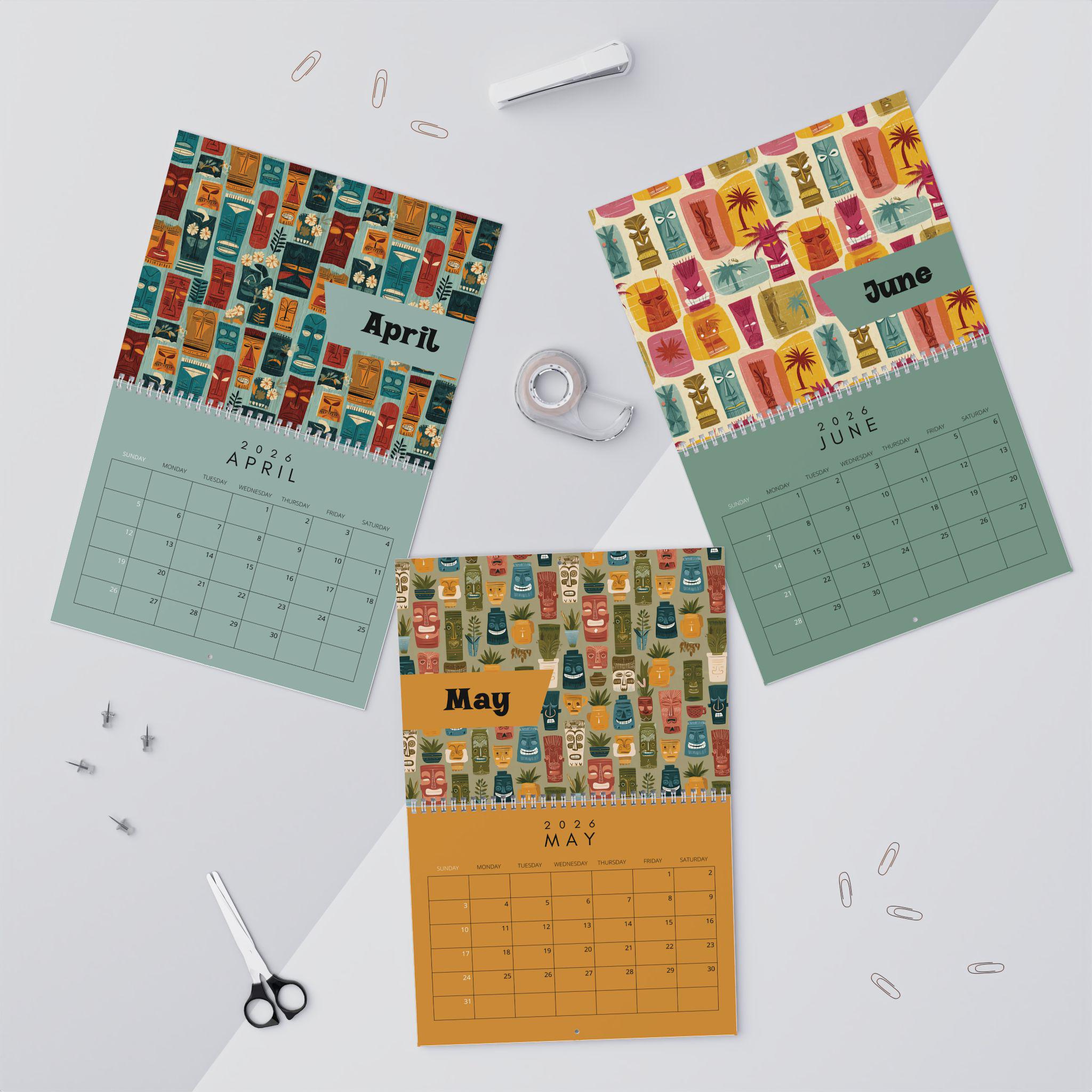 2026 Retro Tiki Style Wall Calendar, Spiral Planner, 12 Month Calendar ...