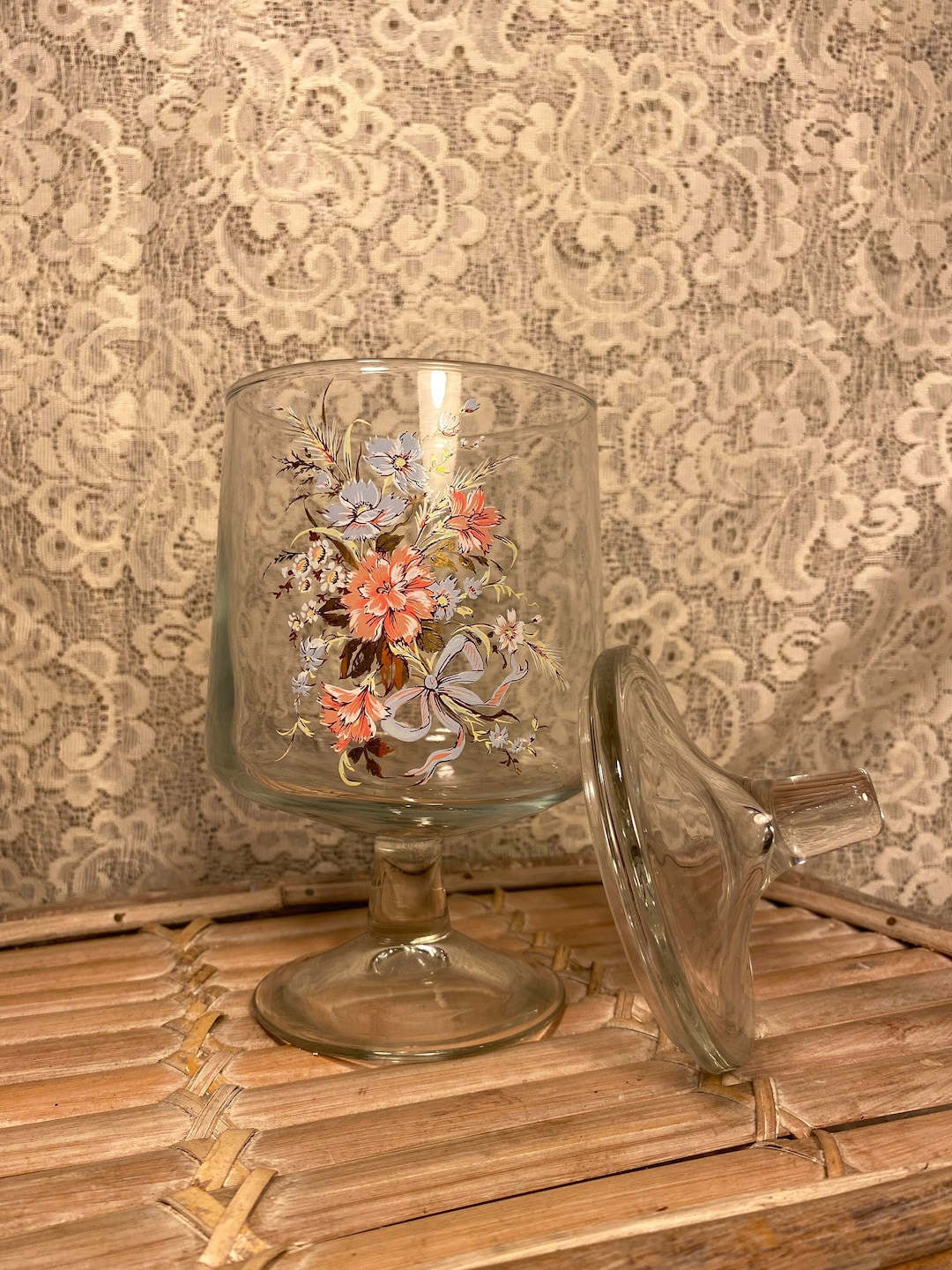 Vintage Floral With Gold Accents Candy Jar With Lid Glass Vanity Candy ...