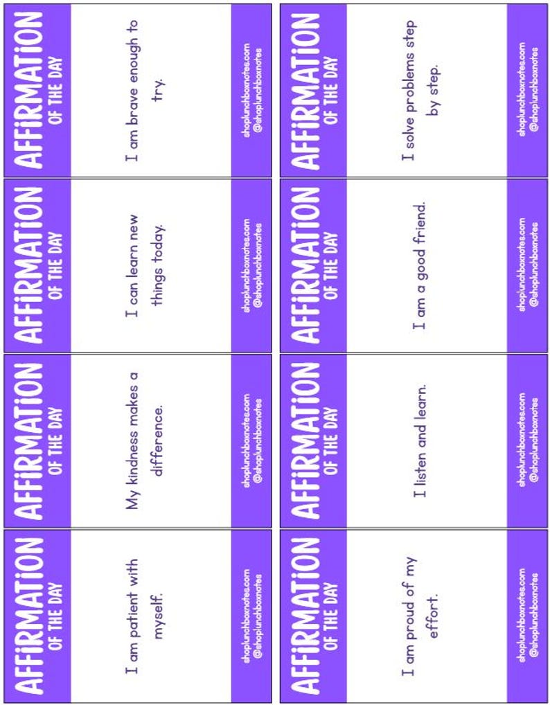 Printable Lunchbox Affirmations for Kids – 99 Positive Notes – Digital ...