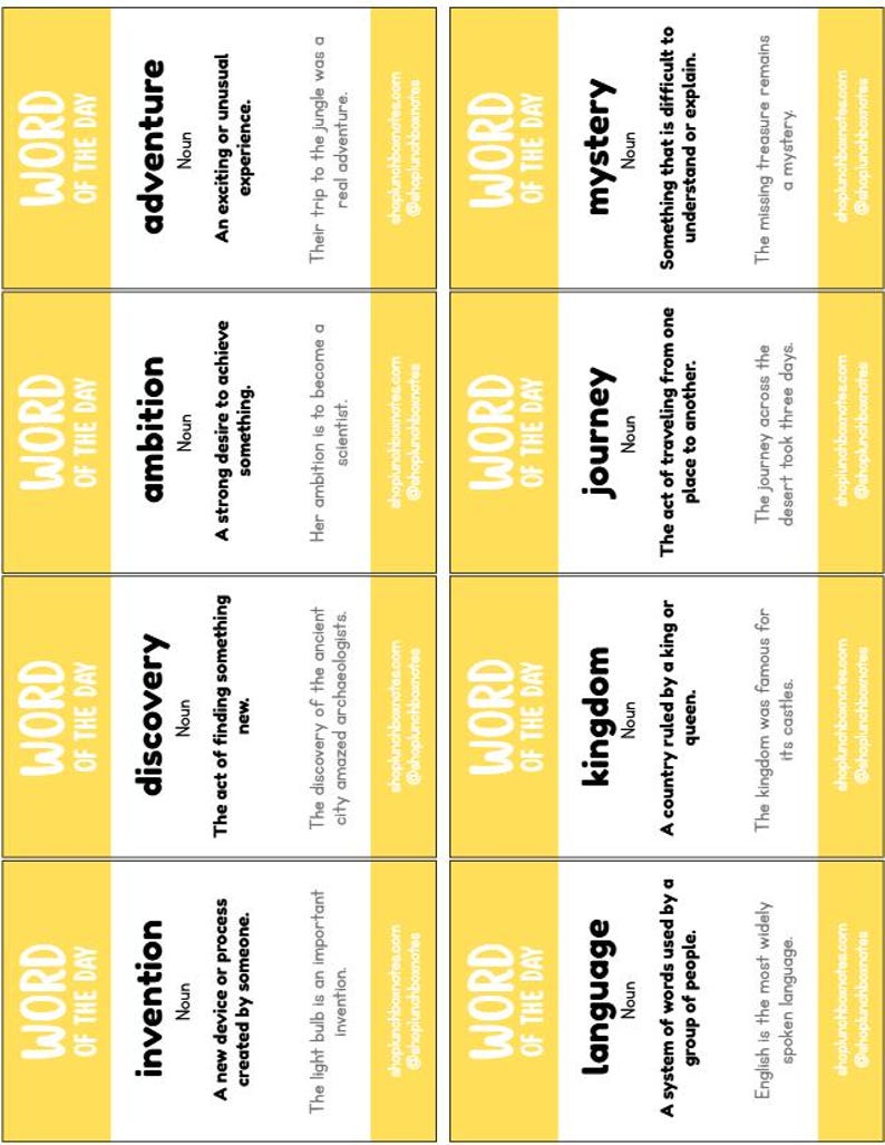 Printable Word of the Day Lunchbox Notes – 99 Advanced Vocabulary Cards ...