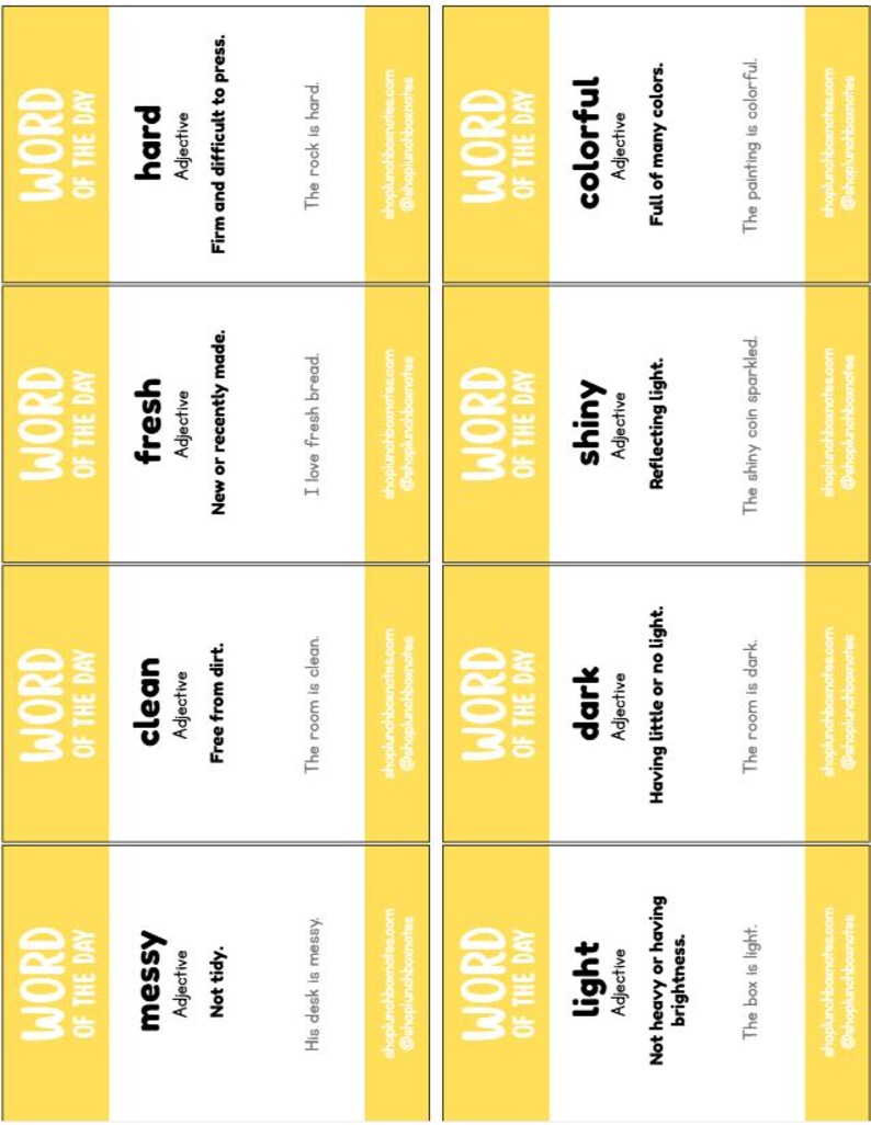 Printable Word of the Day Lunchbox Notes – 99 Beginner Vocabulary Cards ...