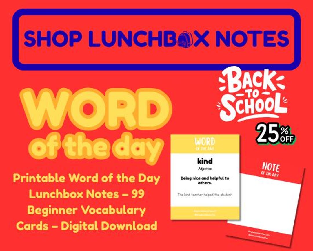Printable Word of the Day Lunchbox Notes – 99 Beginner Vocabulary Cards ...