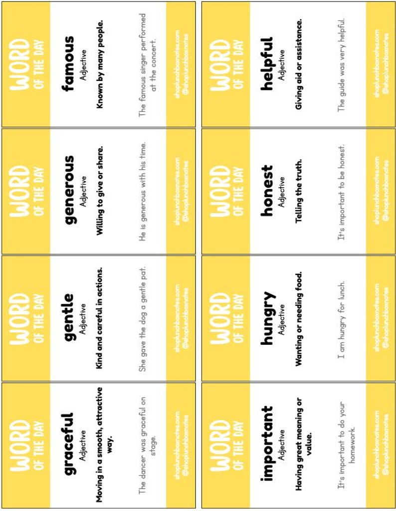 Printable Word of the Day Lunchbox Notes – 99 Advanced Vocabulary Cards ...