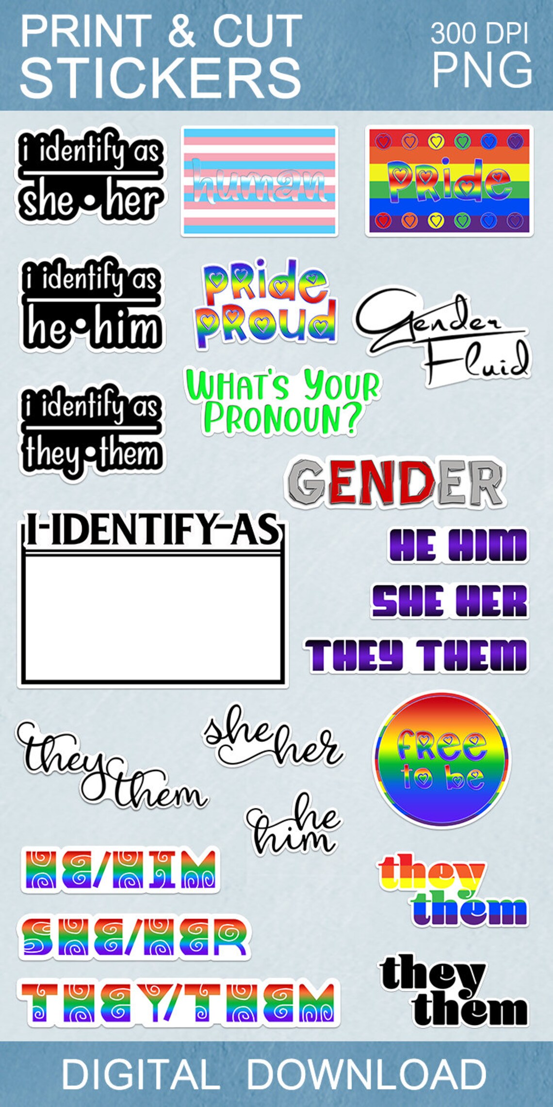 LGBTQ, Pronoun Printable Stickers, Gender Print and Cut PNG Labels - Etsy