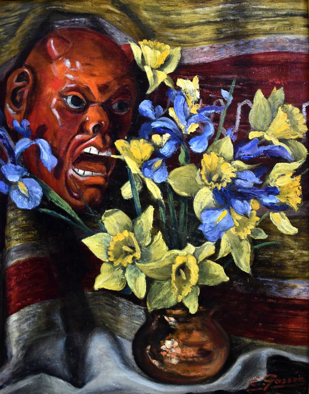 Belgian Expressionist Still Life Painting 1950s | Devil Mask & Flowers ...