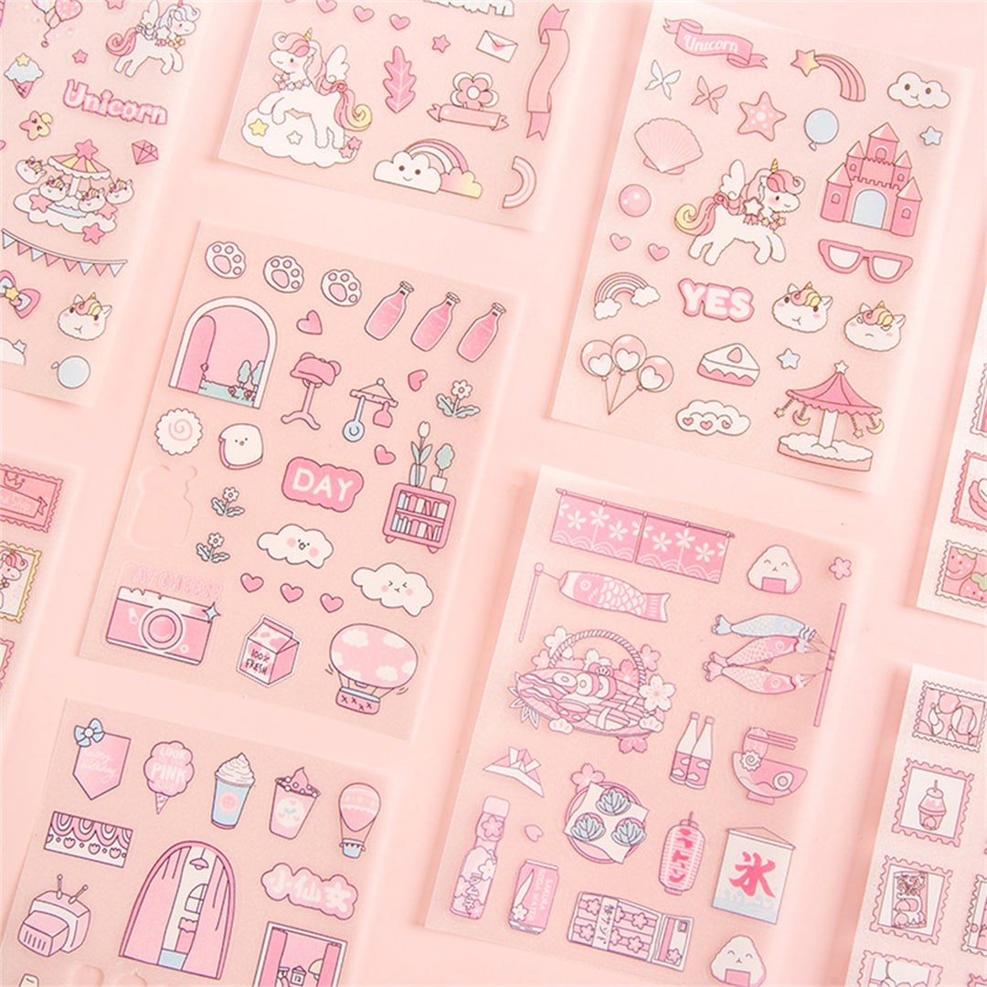 Japanese Kawaii Sticker Pack, 4 Sheets, Stamp Stickers, Sakura, Unicorn ...