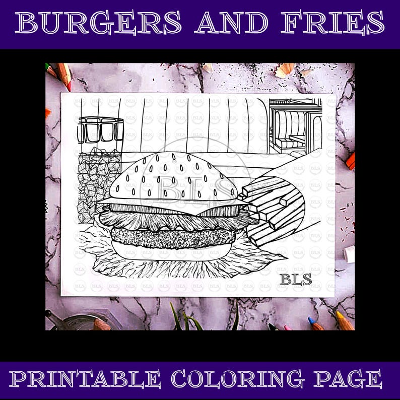 10x8 Coloring Page Digital Download-burger and Fries Printable Coloring ...