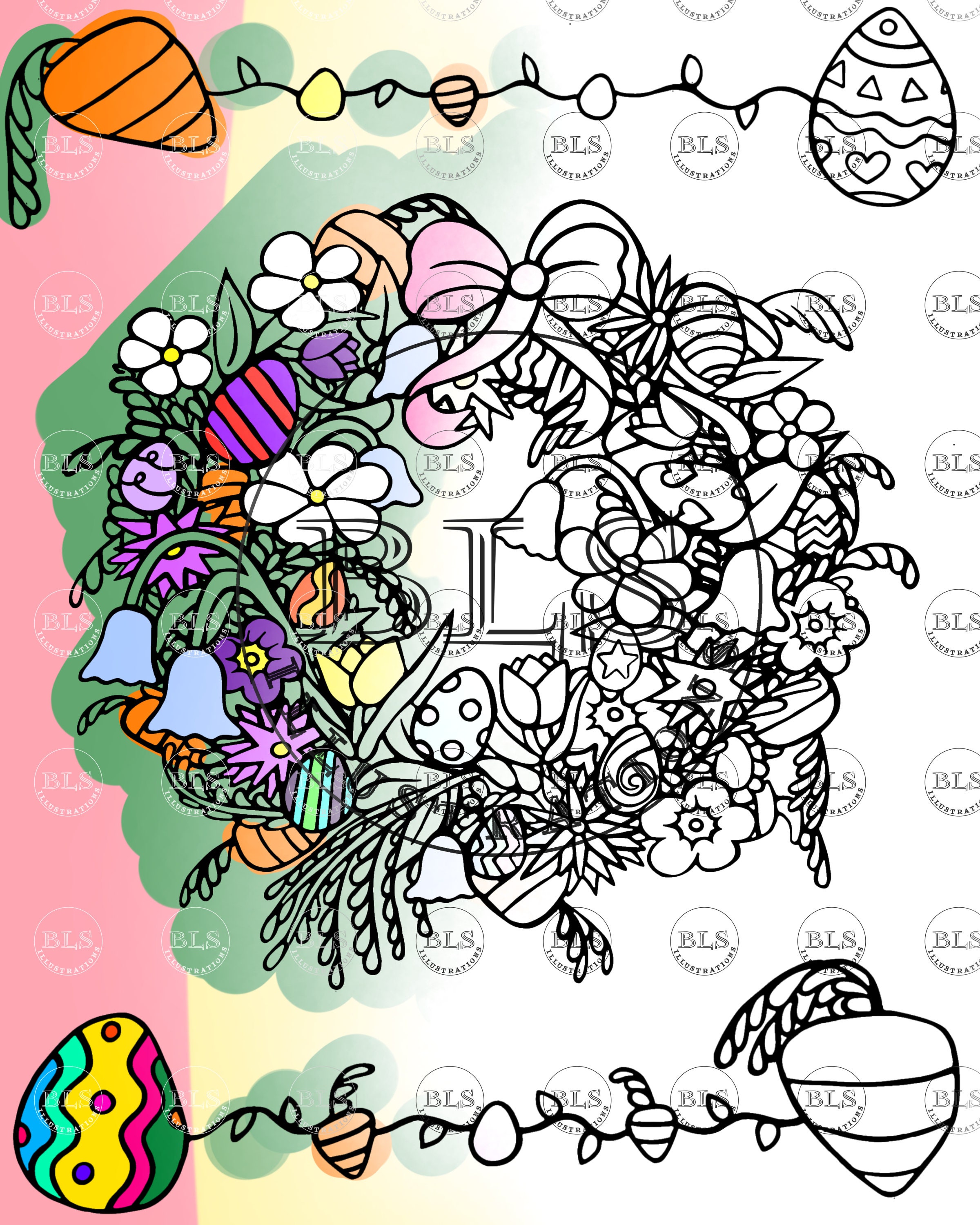 Easter Wreath Printable Coloring Page Digital Download Adult Coloring ...