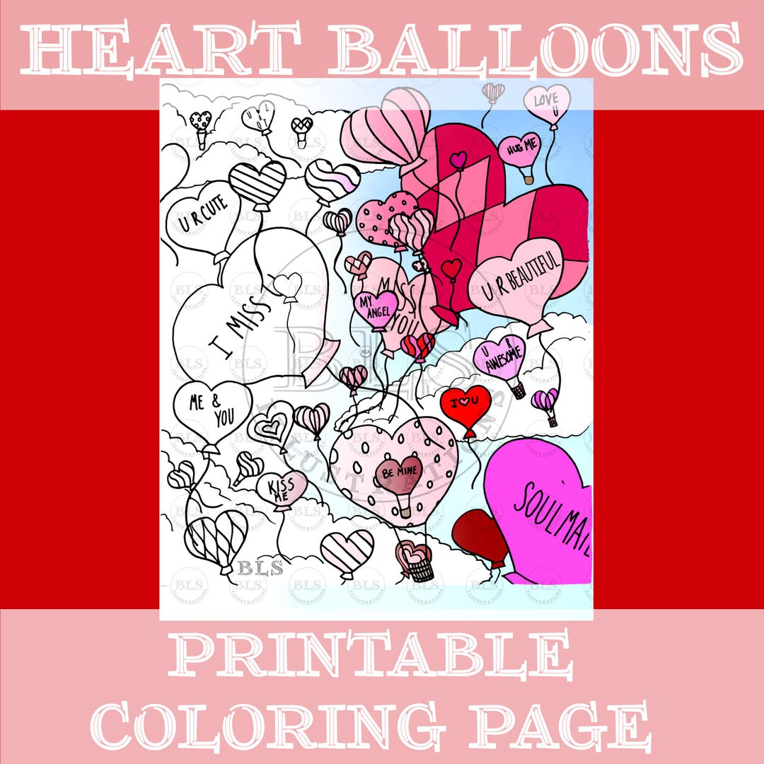 Printable Coloring Page Heart Balloons Digital Download Valentine's Day ...