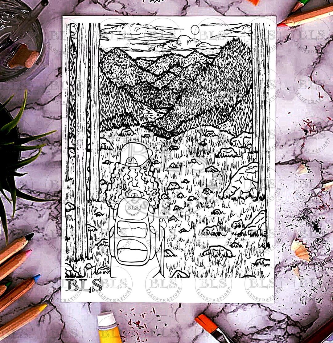 Adult Coloring Page-hiking Printable Coloring-coloring Page - Etsy