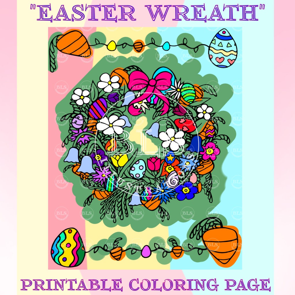 Easter Wreath Printable Coloring Page Digital Download Adult Coloring ...