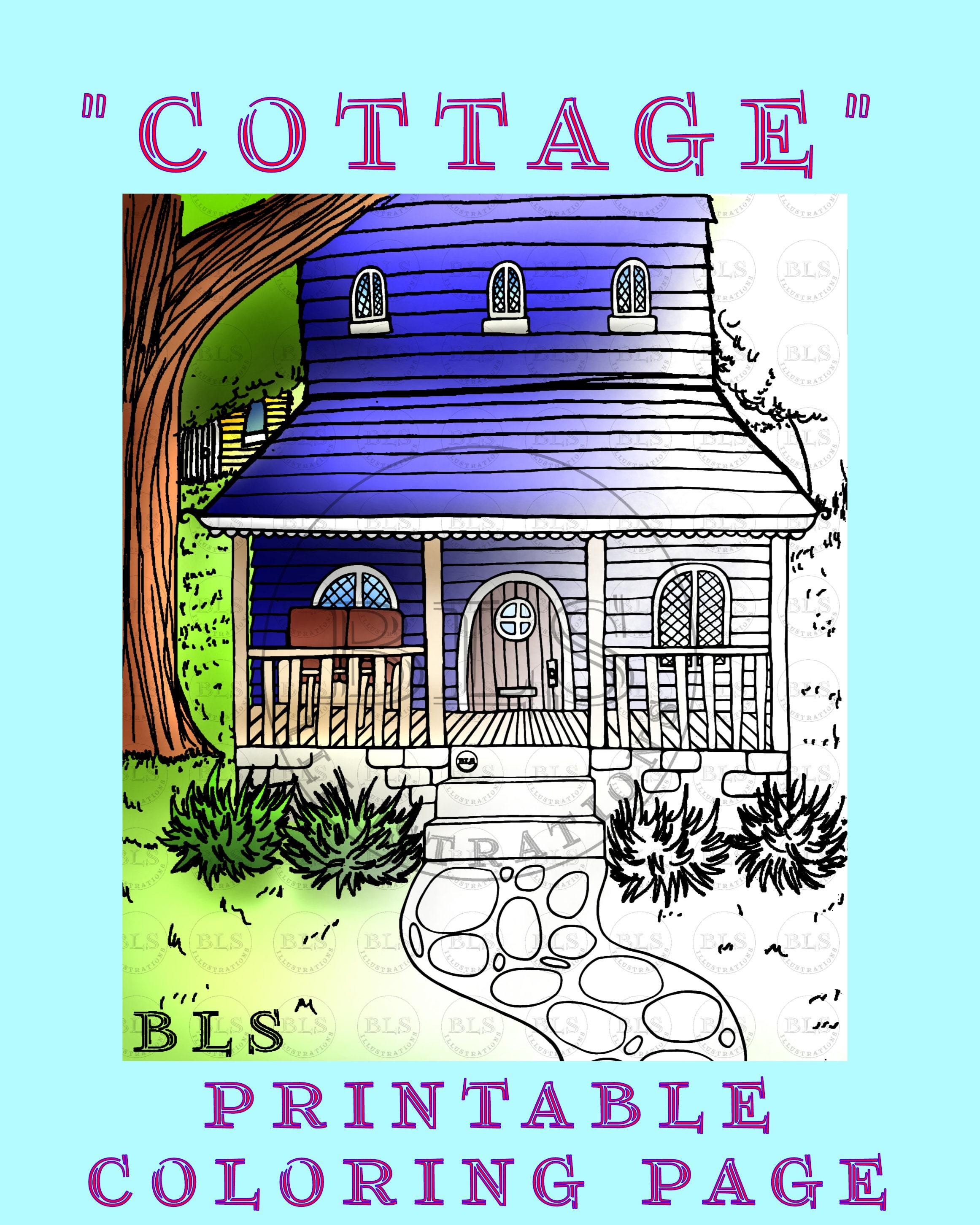 Cottage Printable Coloring Page Original Hand Drawn Artwork - Etsy