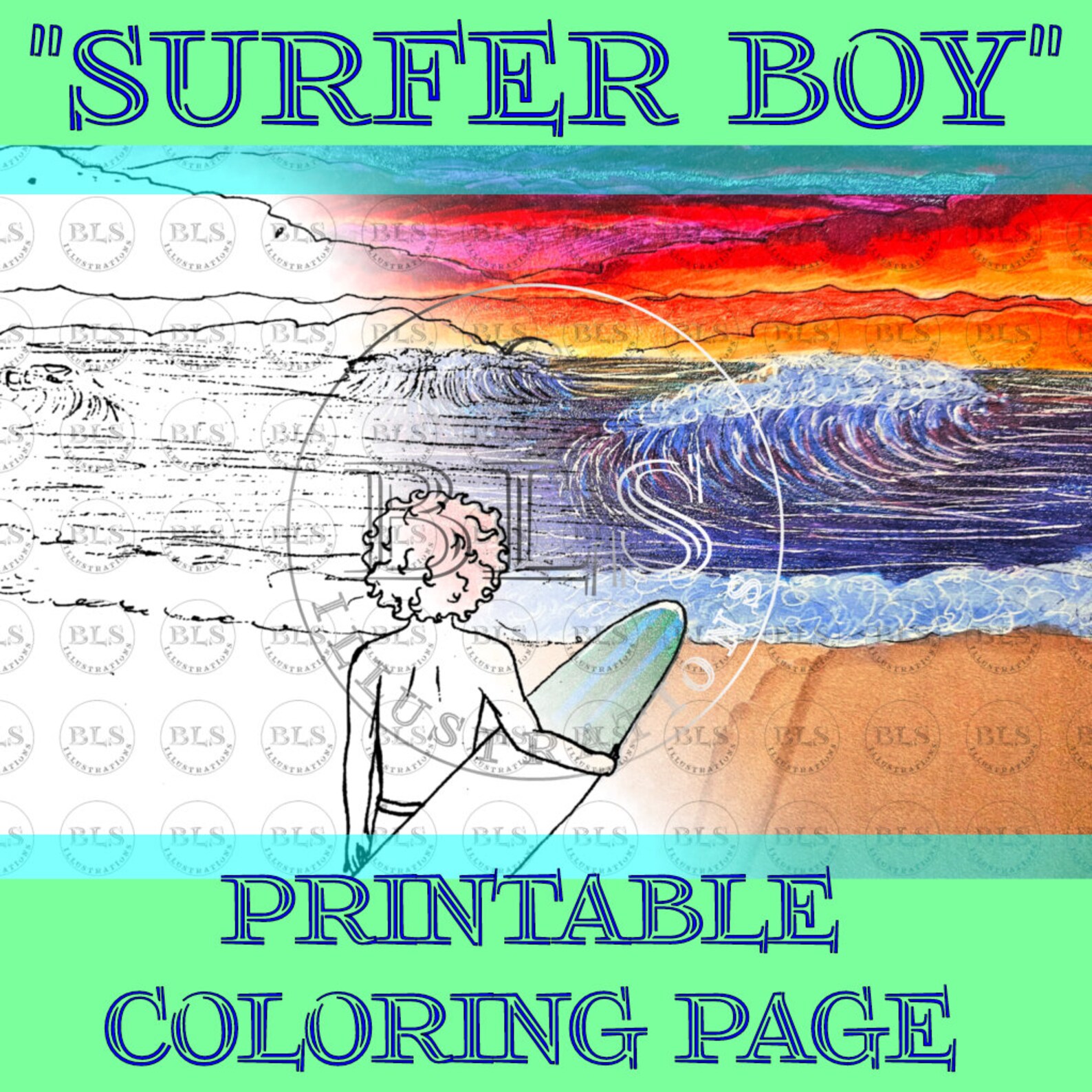 Surfer Boy Printable Coloring Page Digital Download Summer Coloring ...