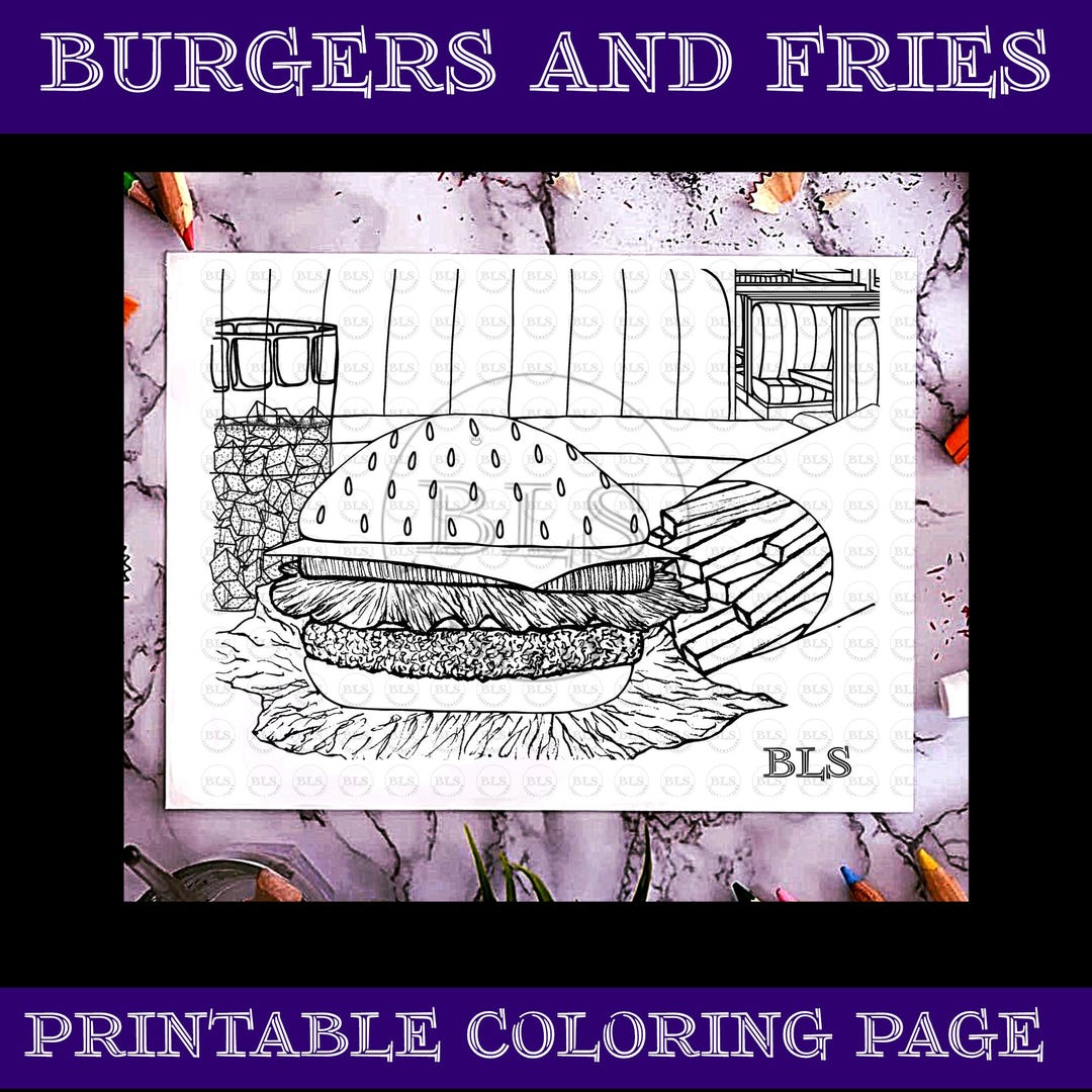 Adult Coloring Page-burger and Fries Printable Coloring-indoor Activity ...