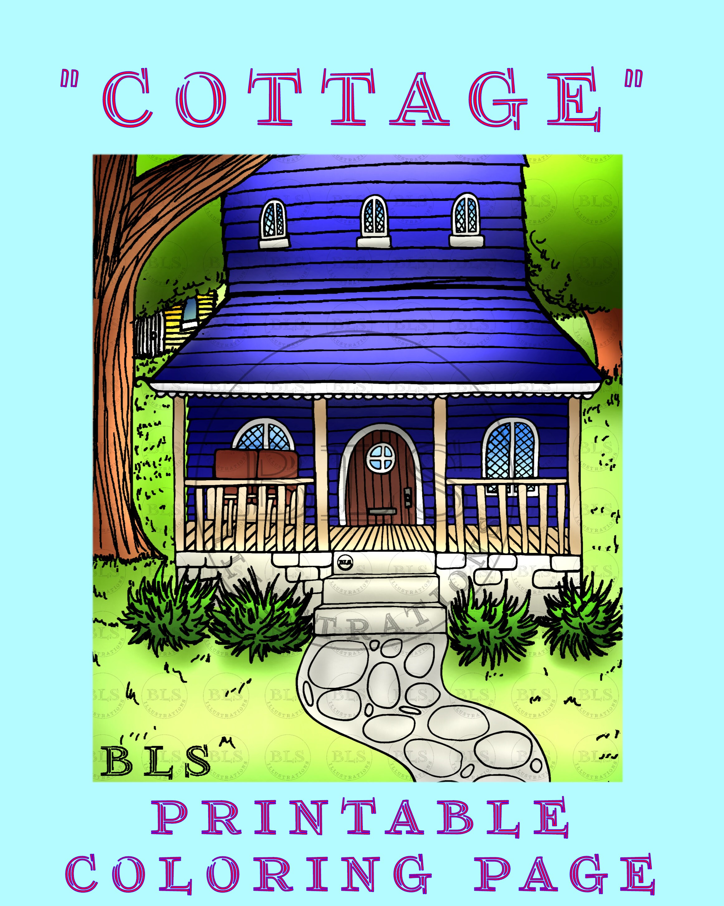 Cottage Printable Coloring Page Original Hand Drawn Artwork - Etsy