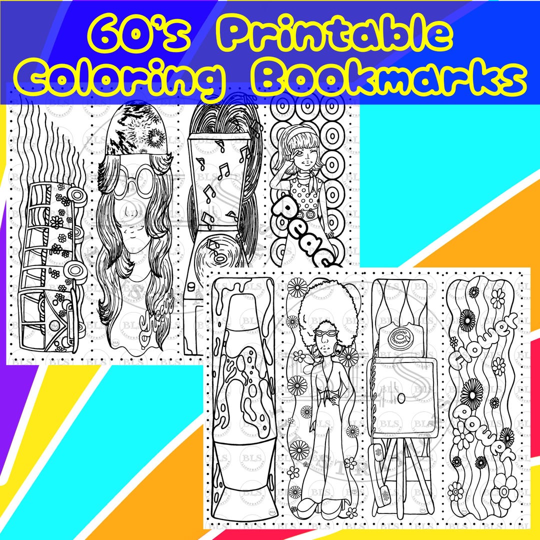 60's Printable Coloring Bookmark PNG Bundle Digital Download digital ...