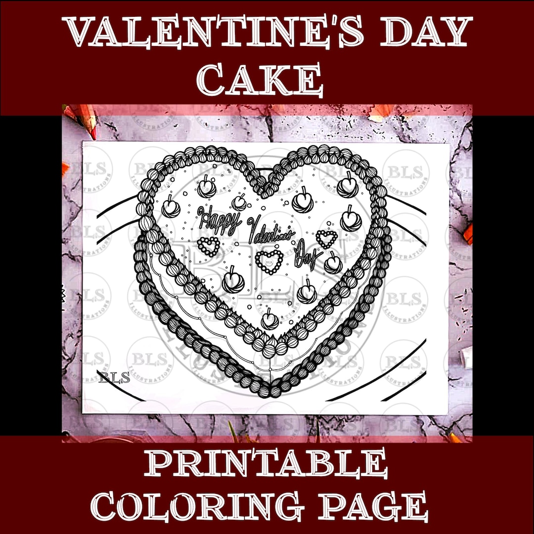 Adult Coloring Page-valentine's Day Cake Printable Coloring-coloring ...