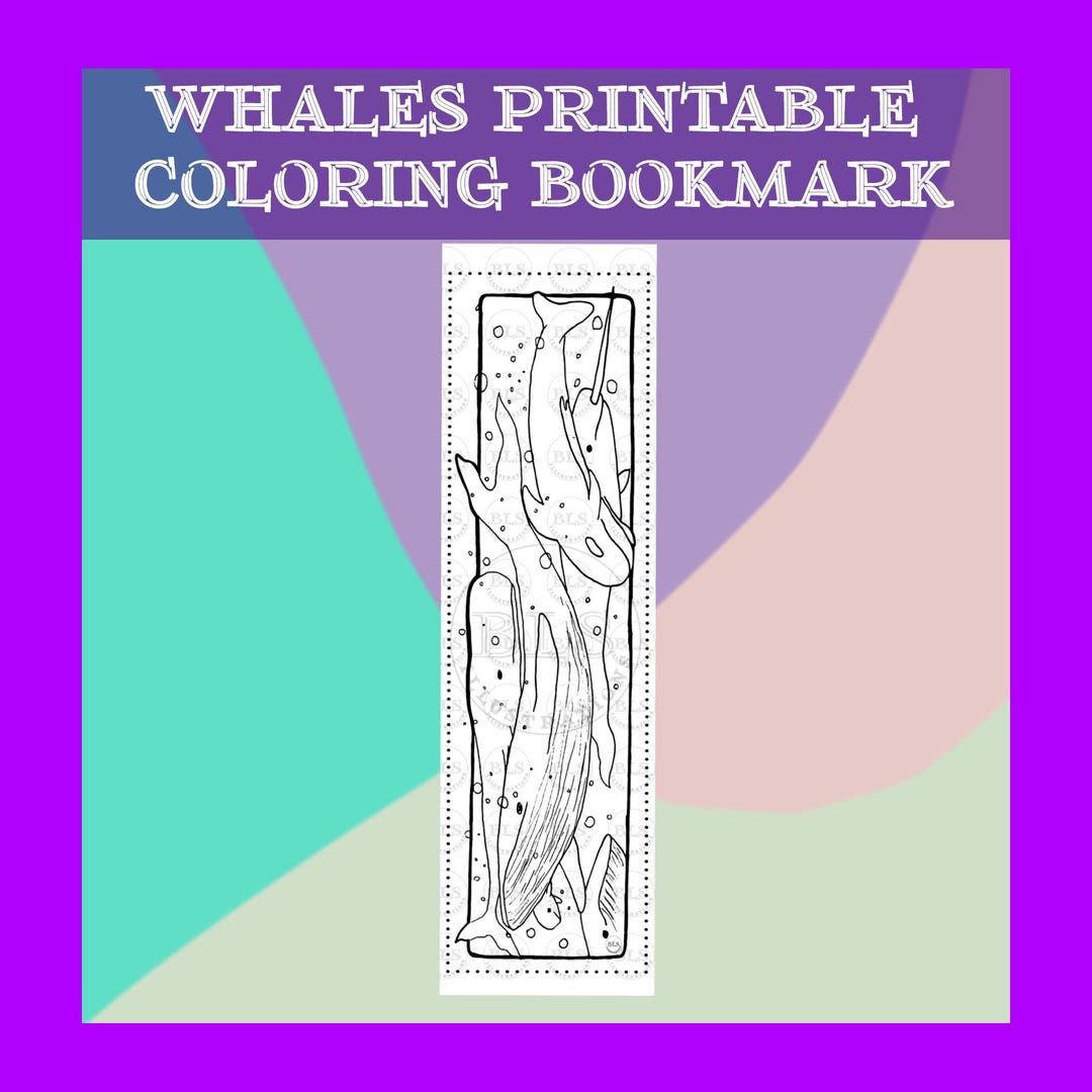 Whales Printable Coloring Bookmark- Printable Bookmark-digital Bookmark ...