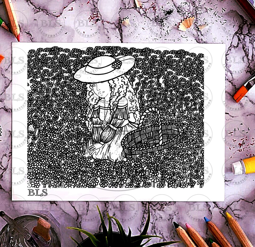 Coloring Page-picking Flowers Printable - Etsy