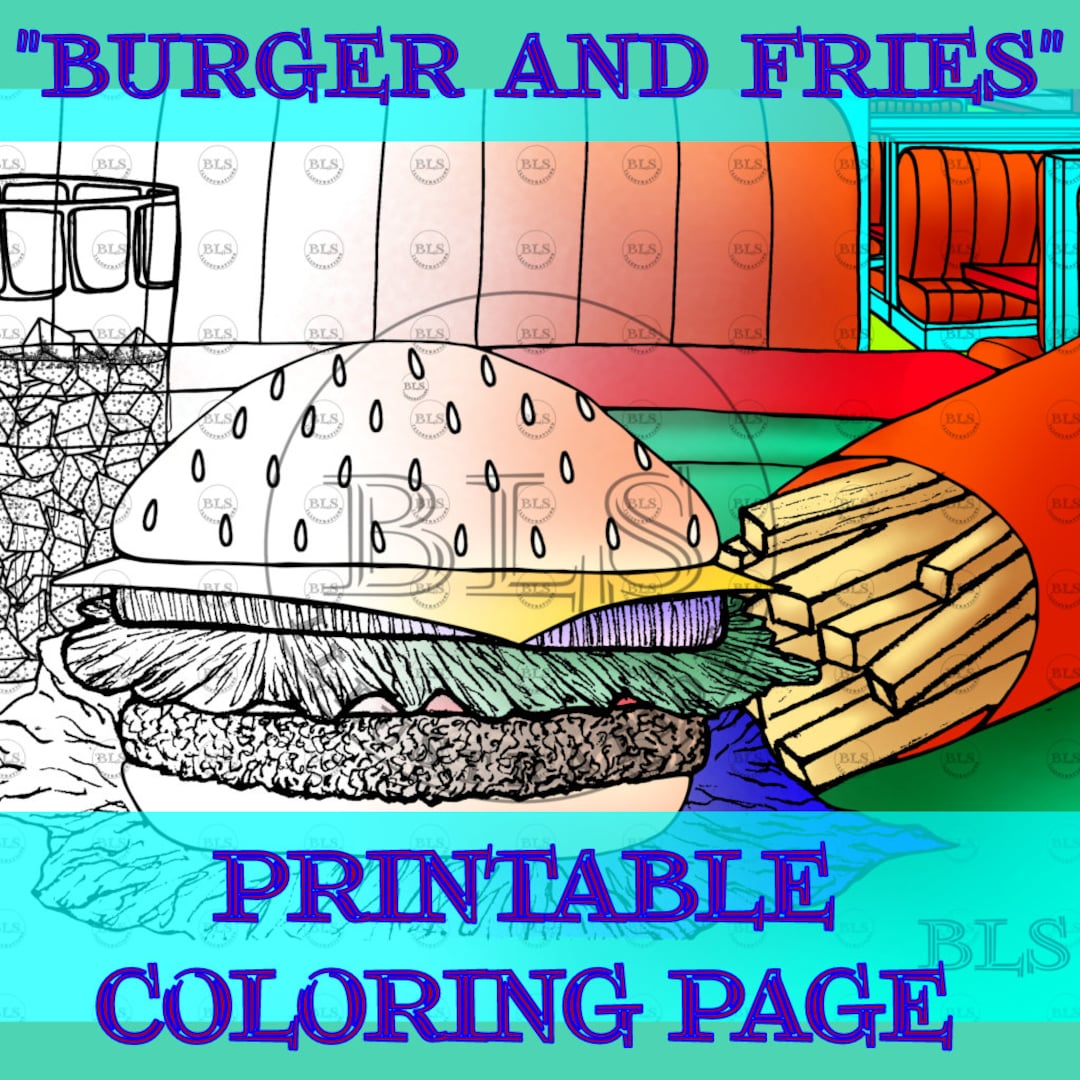 Printable Coloring Page Burger and Fries Digital Download Adult ...