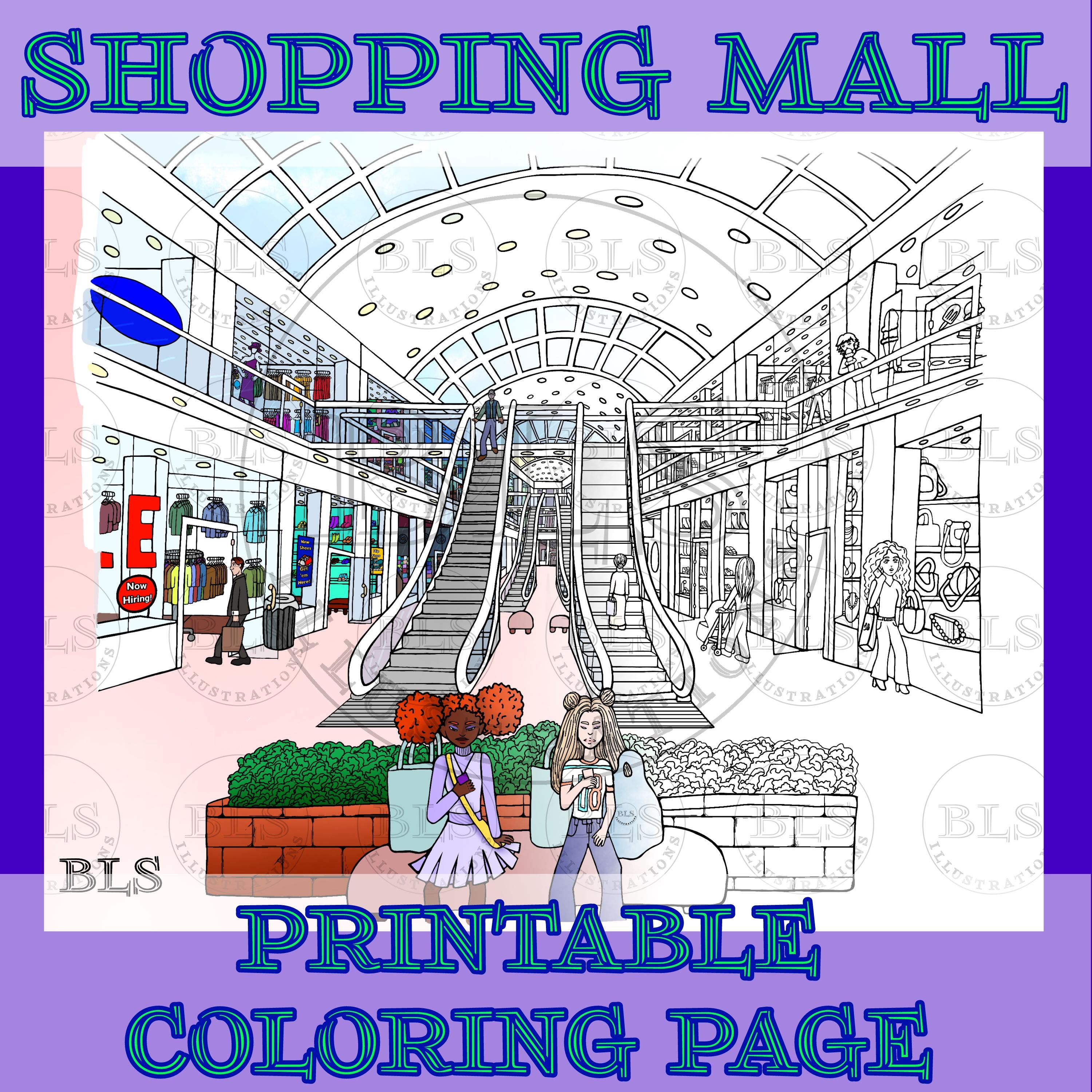 Printable Coloring Page Shopping Mall Digital Download Adult Coloring ...