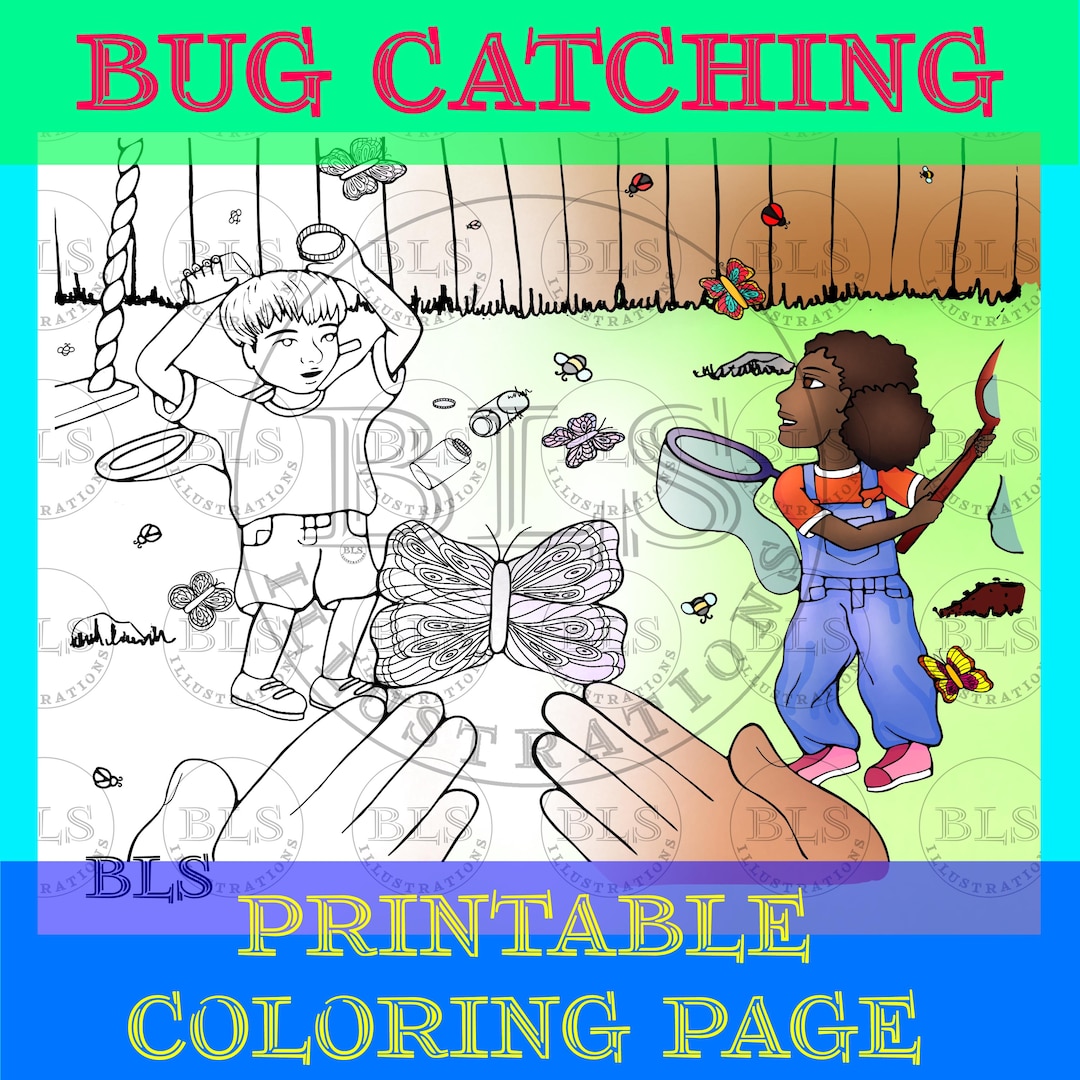 Printable Coloring Page Bug Catching Digital Download Coloring Page for ...