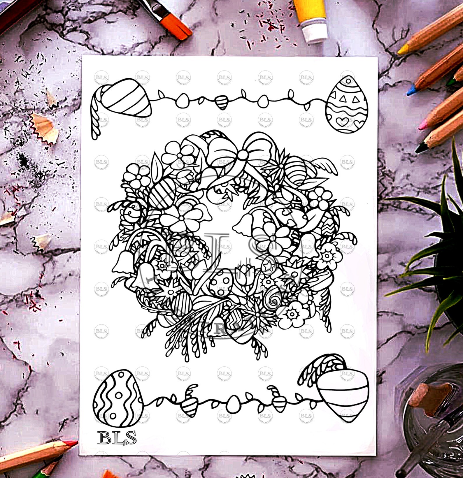 Easter Wreath Printable Coloring Page Digital Download Adult Coloring ...