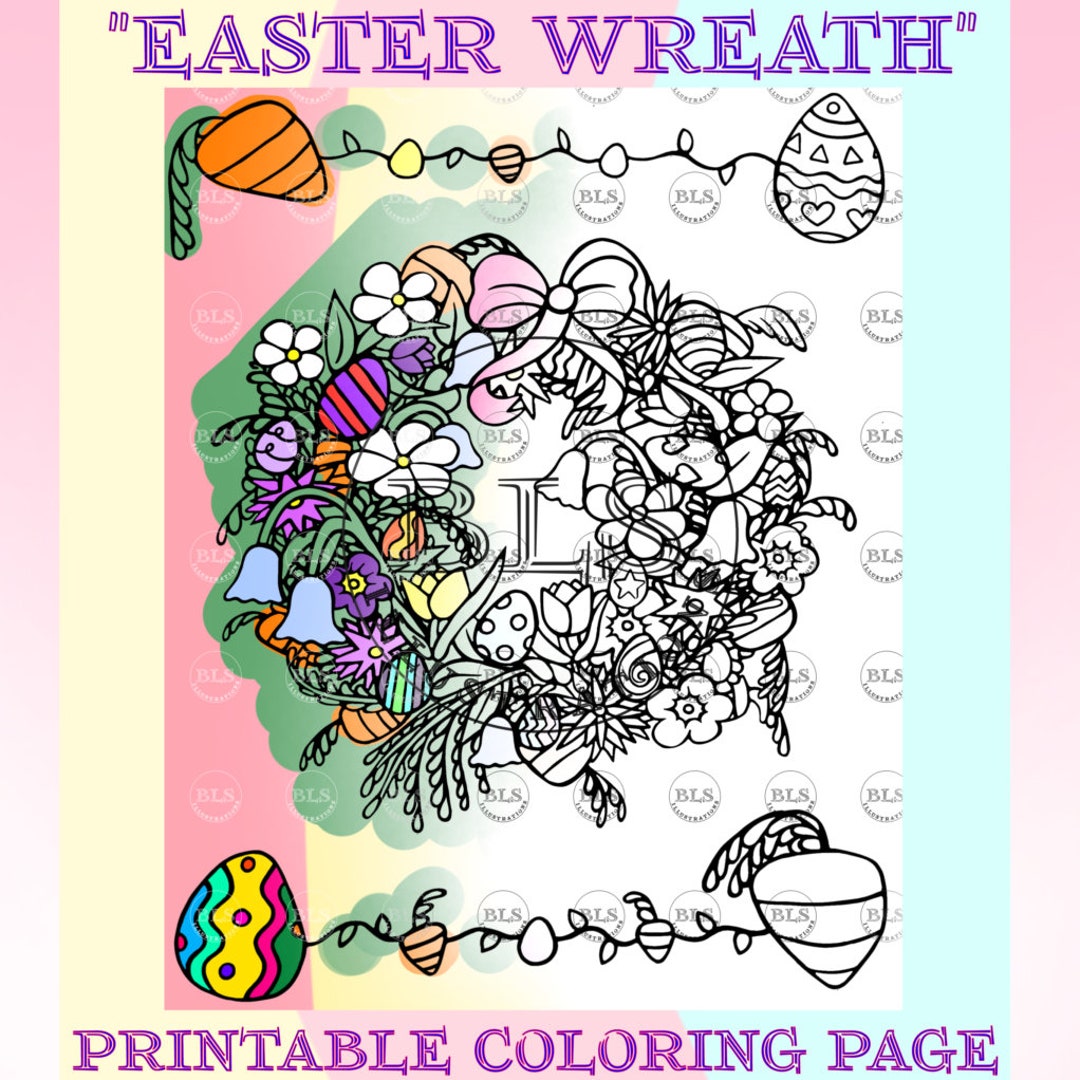 Easter Wreath Printable Coloring Page Digital Download Adult Coloring ...