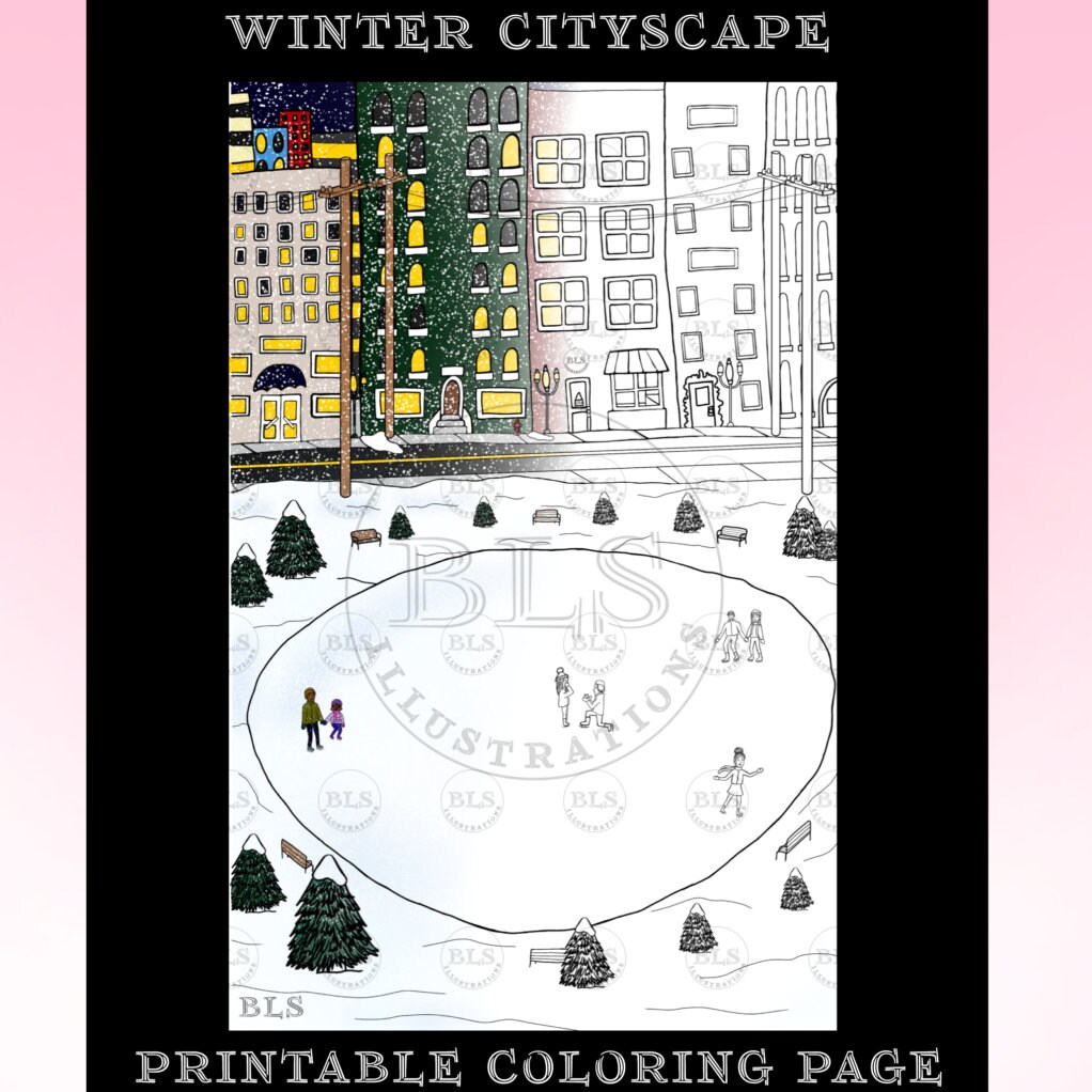 Winter Cityscape Printable Coloring Page Digital Download PNG File ...