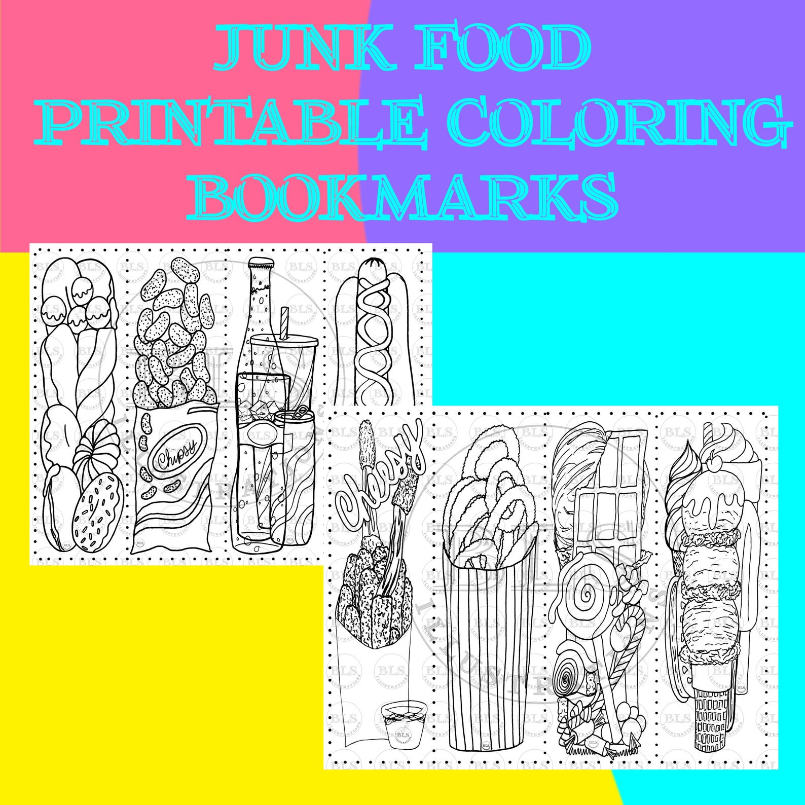 Digital Bookmarks Bundle-junk Food Printable Coloring Bookmarks Set - Etsy