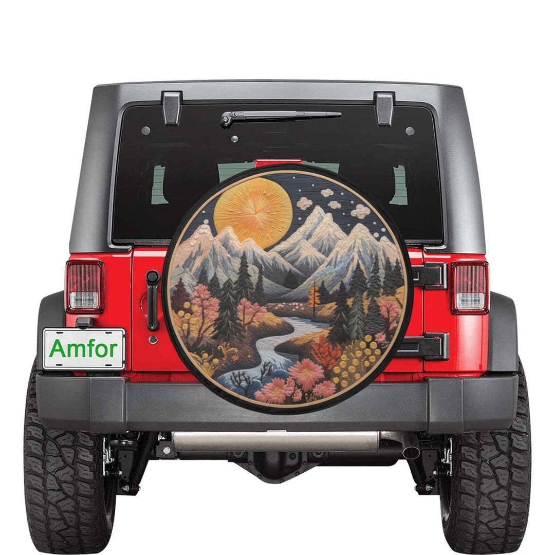 Floral Mountains Spare Tire Wheel Cover, Sunset Boho Flowers Trees Faux ...