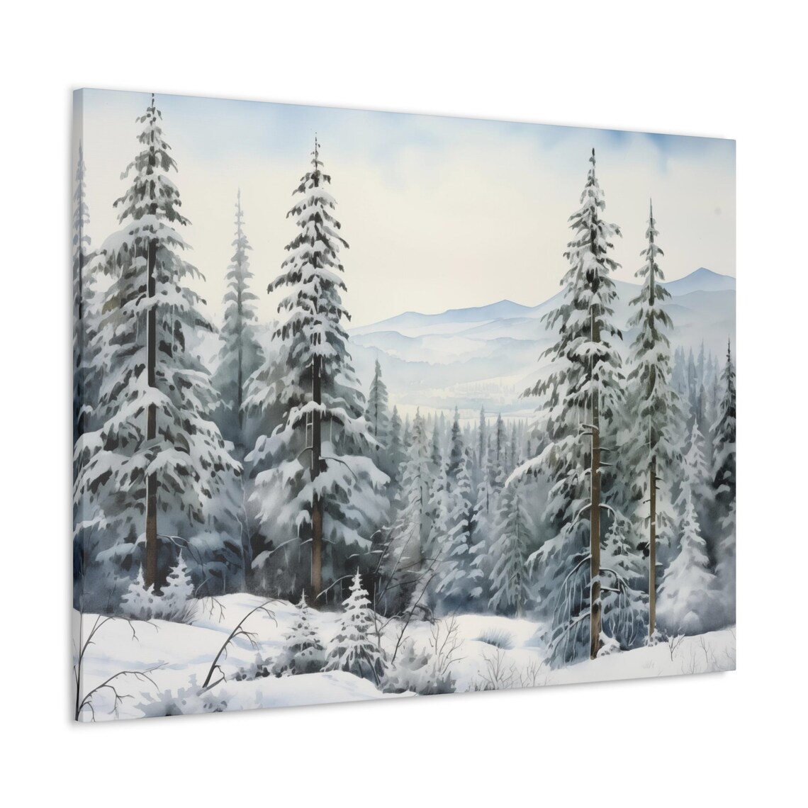 Winter Canvas Gallery Wrap, Snowy Forest Pine Trees Scene Watercolor ...
