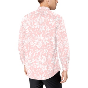 Pink Floral Long Sleeve Men Button up Shirt, Flowers Print White Casual ...