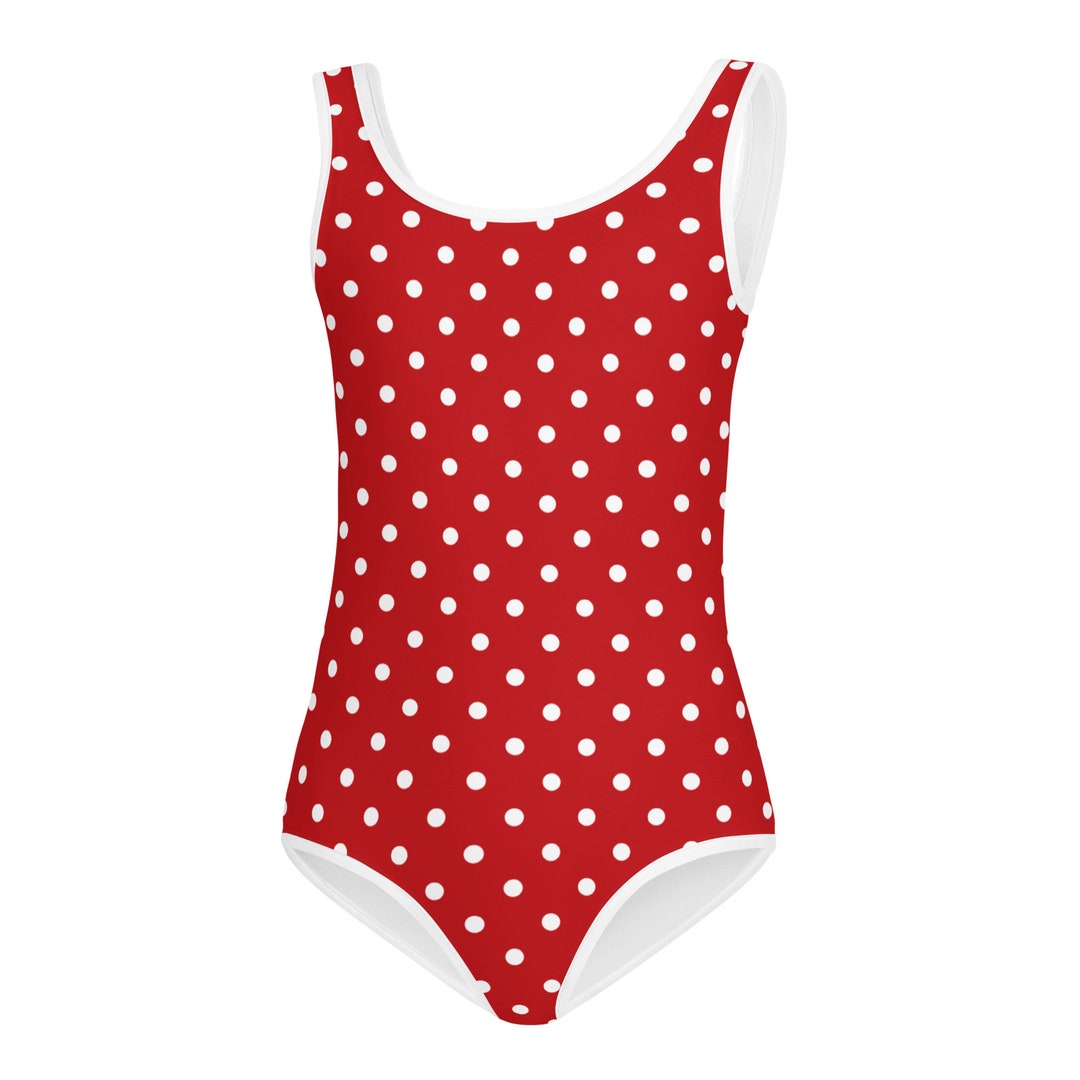 Red White Polka Dots Girls Swimsuit, Retro One Piece Vintage Kids Teen ...