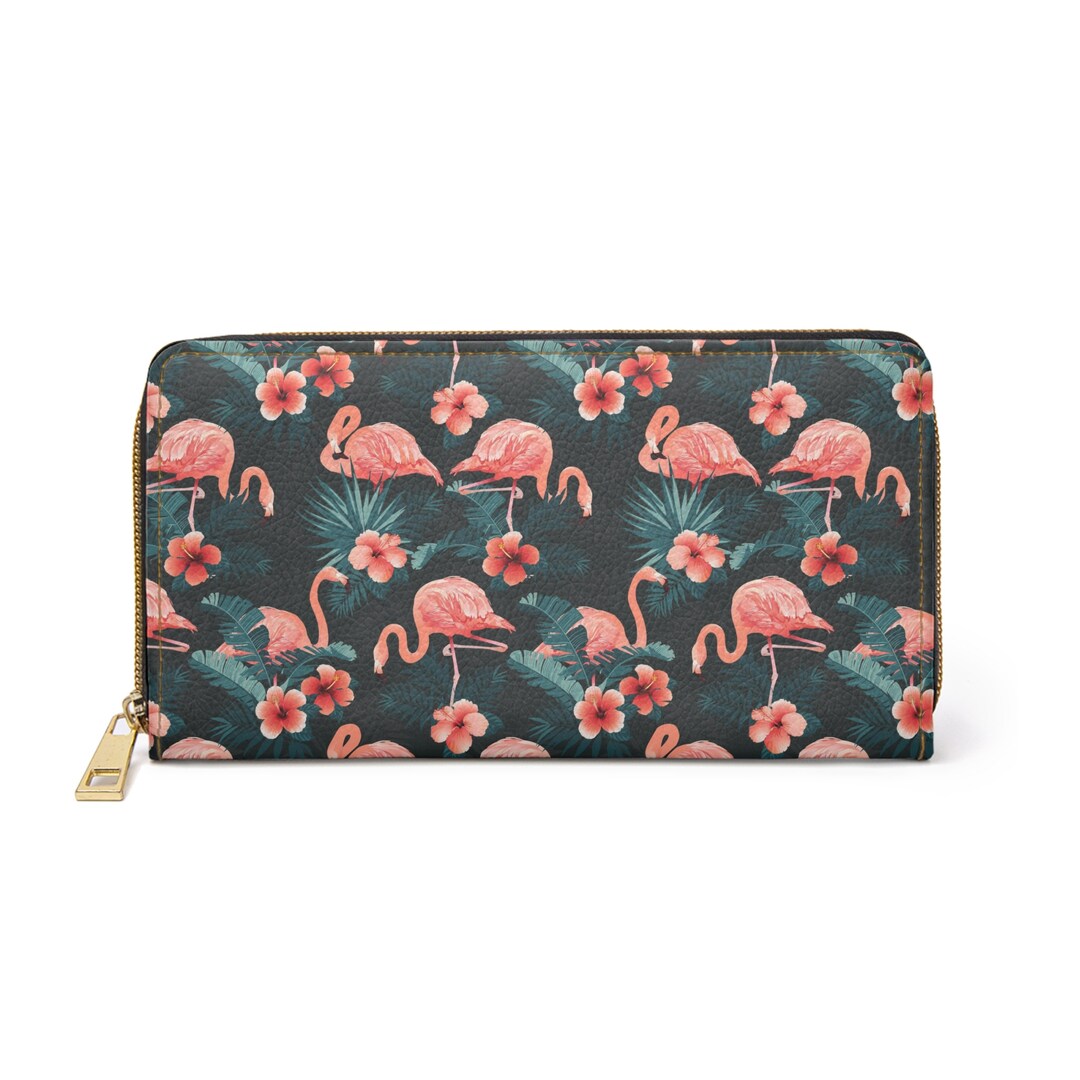 Pink Flamingo Leather Wallet Women, Floral Vegan Zipper Zip Around ...