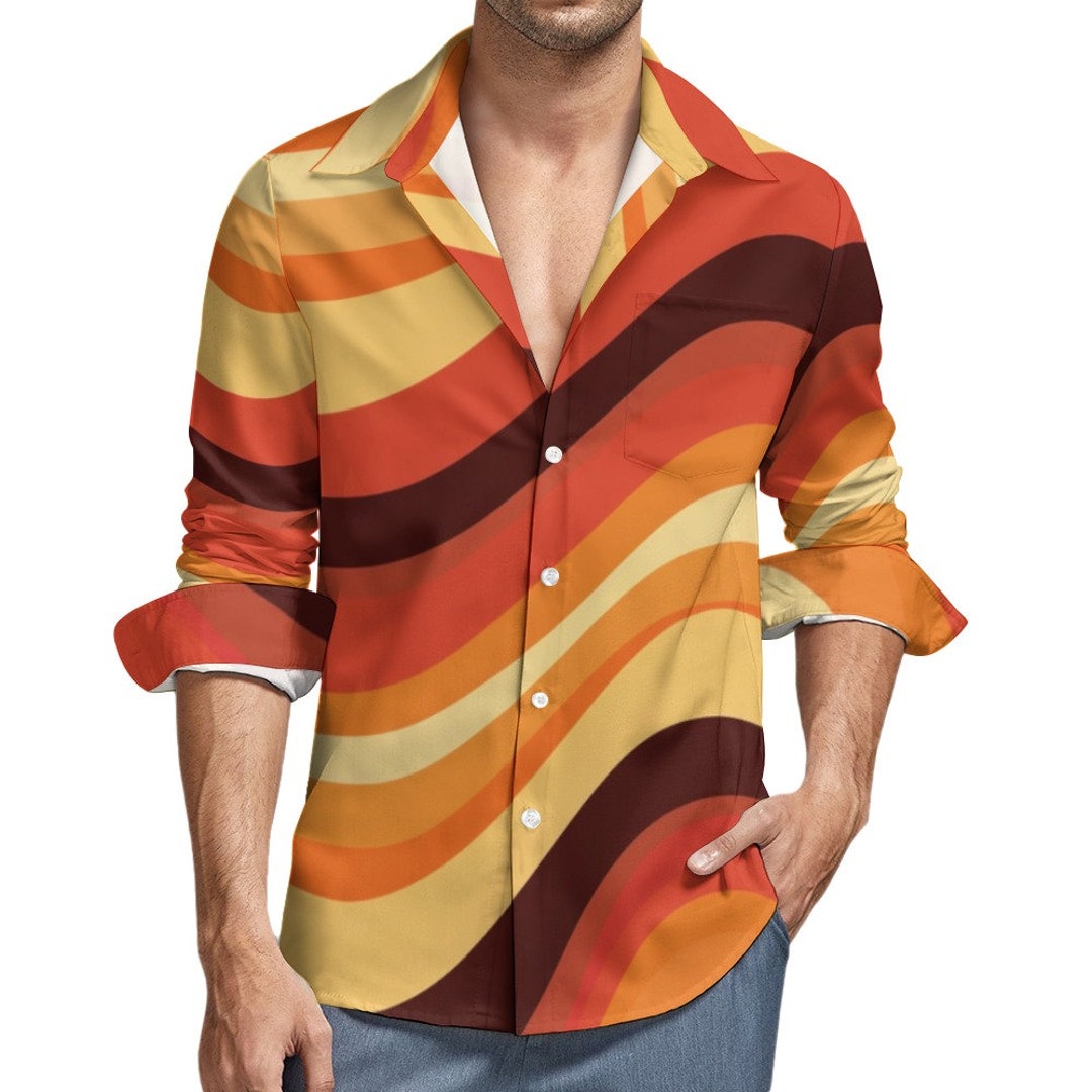 70s Wavy Striped Long Sleeve Men Button up Shirt, Retro Vintage 1970 ...