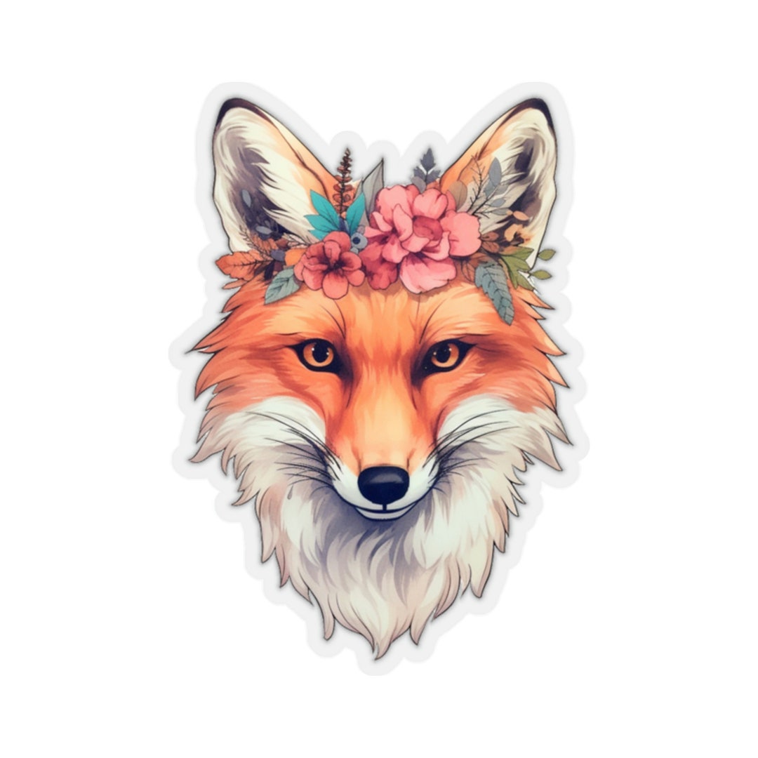 Fox Head Sticker, Floral Animal Art Laptop Decal Vinyl Cute Waterbottle ...