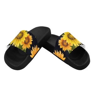 Sunflower Women Slide Sandals, Yellow Flower Floral Shoes Flat Wedge ...