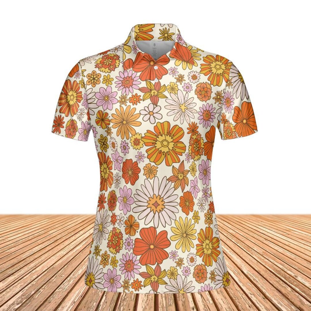 Retro Floral Women Polo Shirt, Vintage Flowers Orange Pink Slim Fit ...