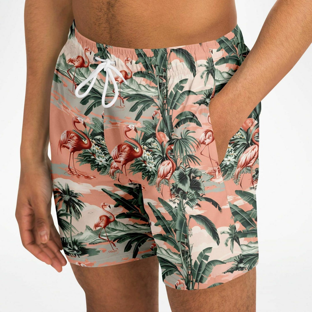 Pink Flamingo Men Swim Trunks, Green Palm Tree Shorts Beach Surf ...
