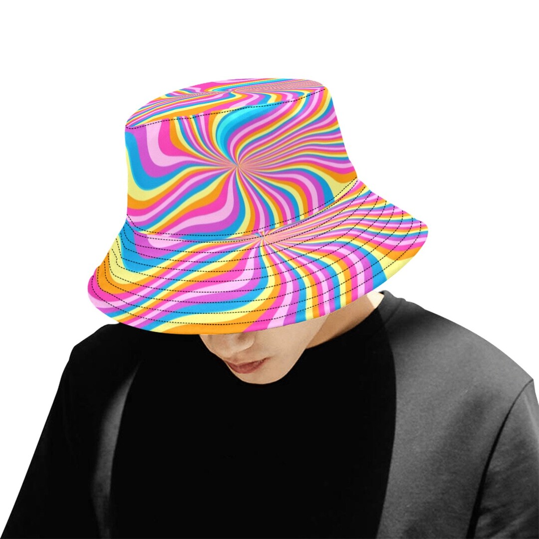 Psychedelic Bucket Hat, Trippy Pink Funky Tie Dye Rave Retro Vintage ...