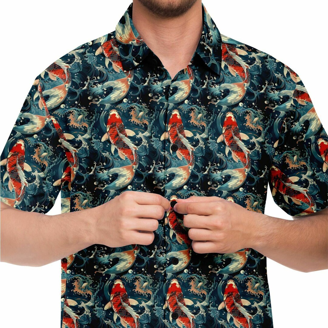 Koi Fish Men Button up Shirt, Japanese Asian Wave Ocean Beach Short ...