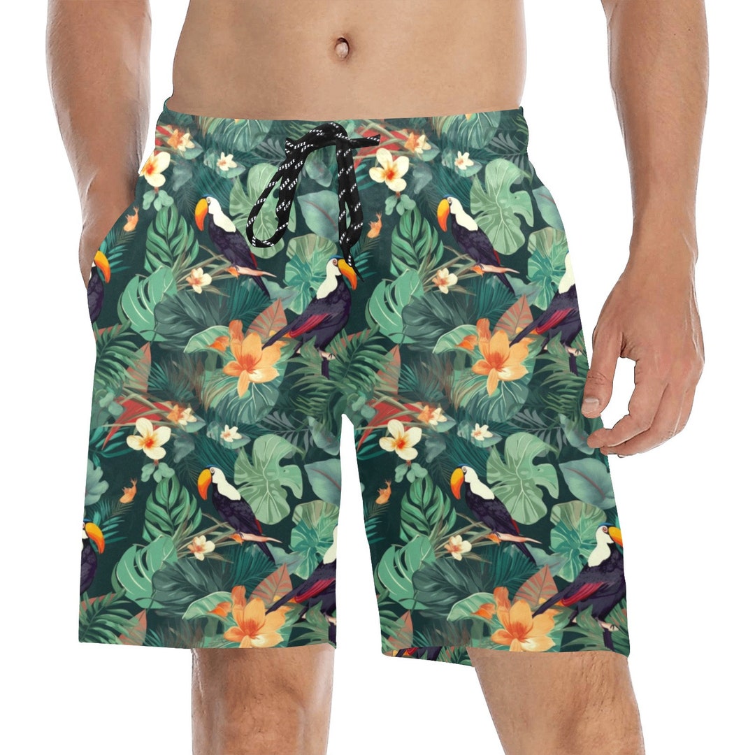 Toucan Men Swim Trunks, Tropical Green Leaves Mid Length Shorts Beach ...
