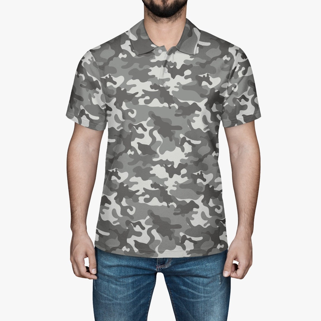 Gray Camo Men Polo Shirt, Camouflage Casual Summer Buttoned Down up ...