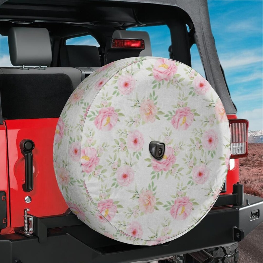 Pink Flowers Spare Tire Cover, Floral White Wheel Accessories Custom ...