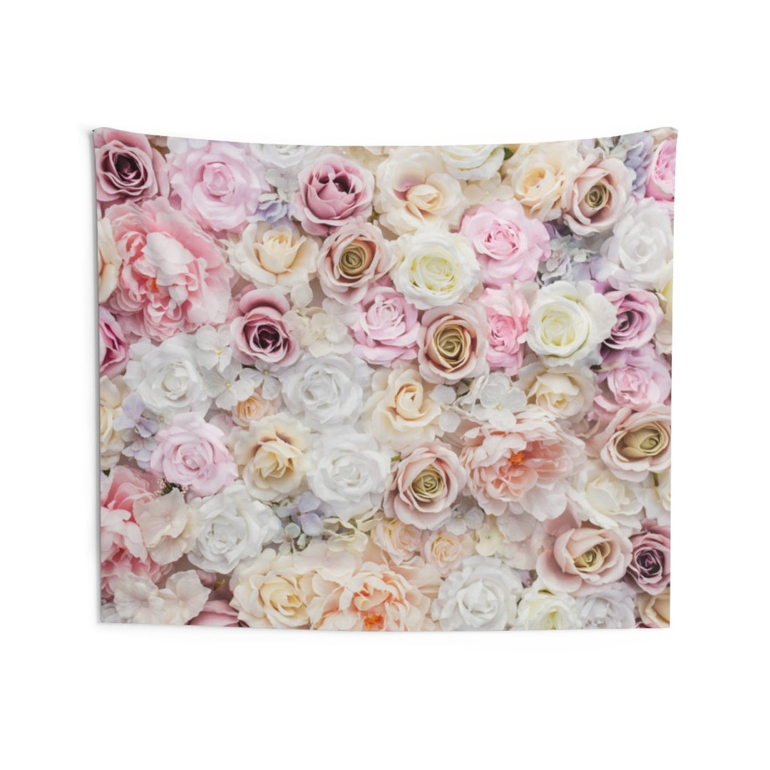 White Pink Roses Wall Tapestry, Floral Romantic Bridal Landscape Indoor ...