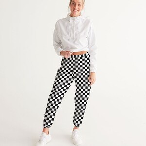 Black White Checkered Women's Track Pants, Racing Check Straight Leg ...
