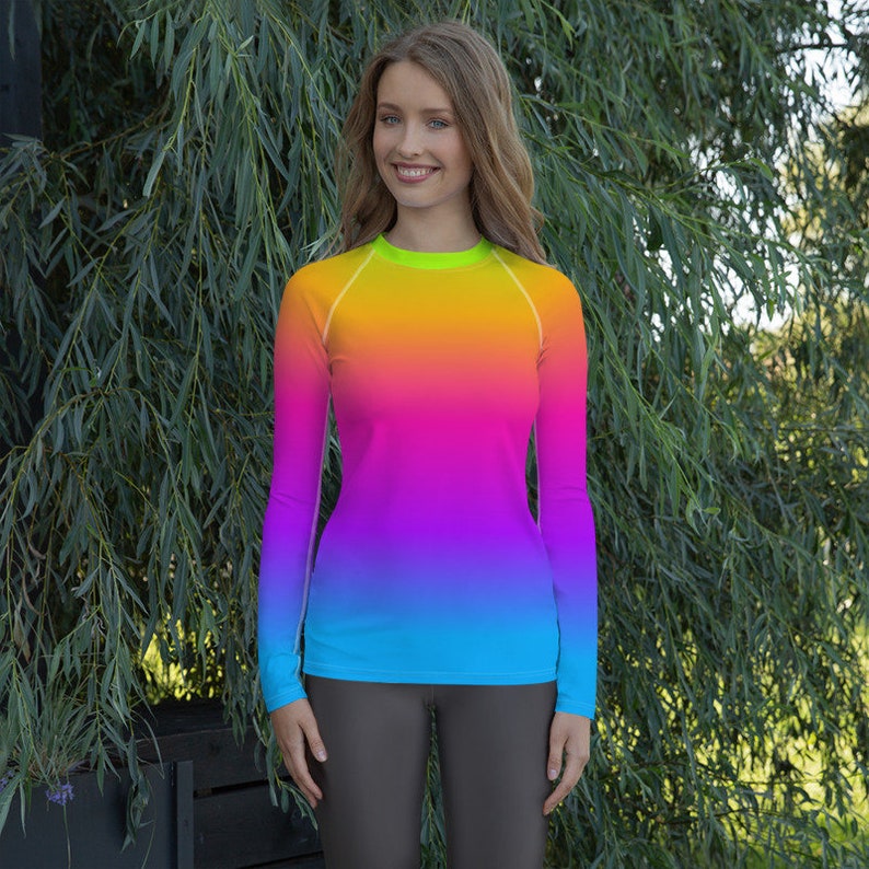 Women's Rash Guard, Pop Rainbow Colors, Neon Tie Dye Surf Wear, Printed ...